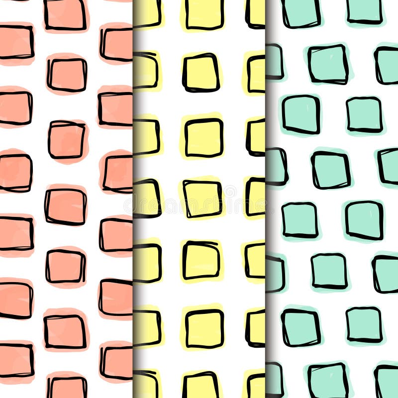 Seamless Pattern Pack, Doodle Square Shapes Lined in 3 Direrent Grids ...