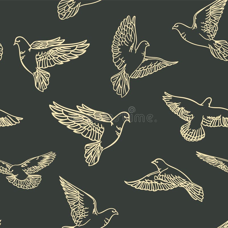 Seamless Pattern with Painted Doves on a Dark Background. Vector ...