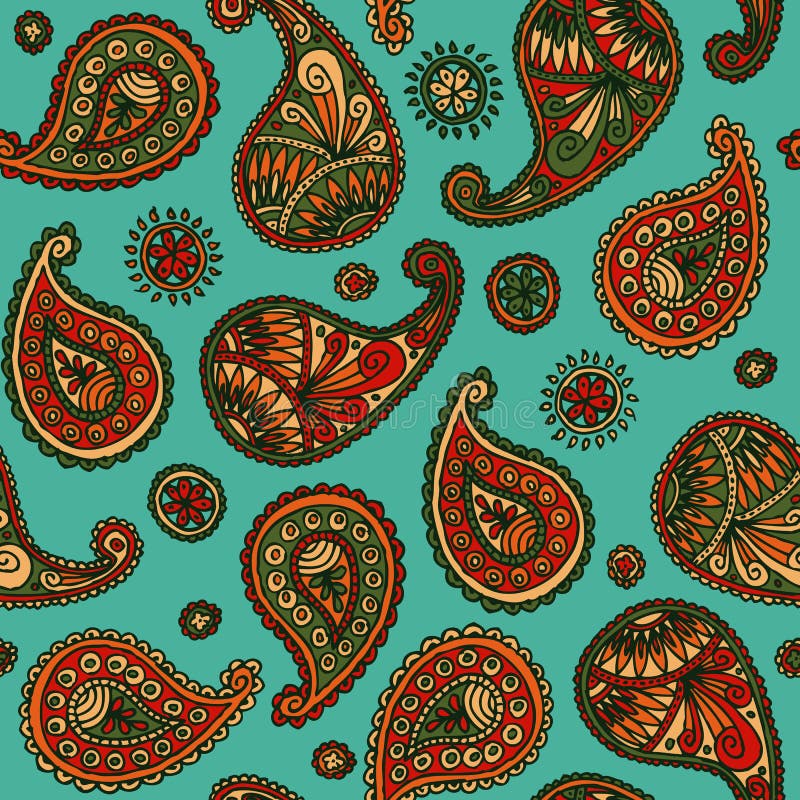 Seamless Pattern with Paisley on a Turquoise Background Stock Vector ...