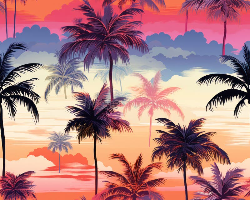 Seamless Pattern of Palm Trees on Sunset Stock Illustration ...