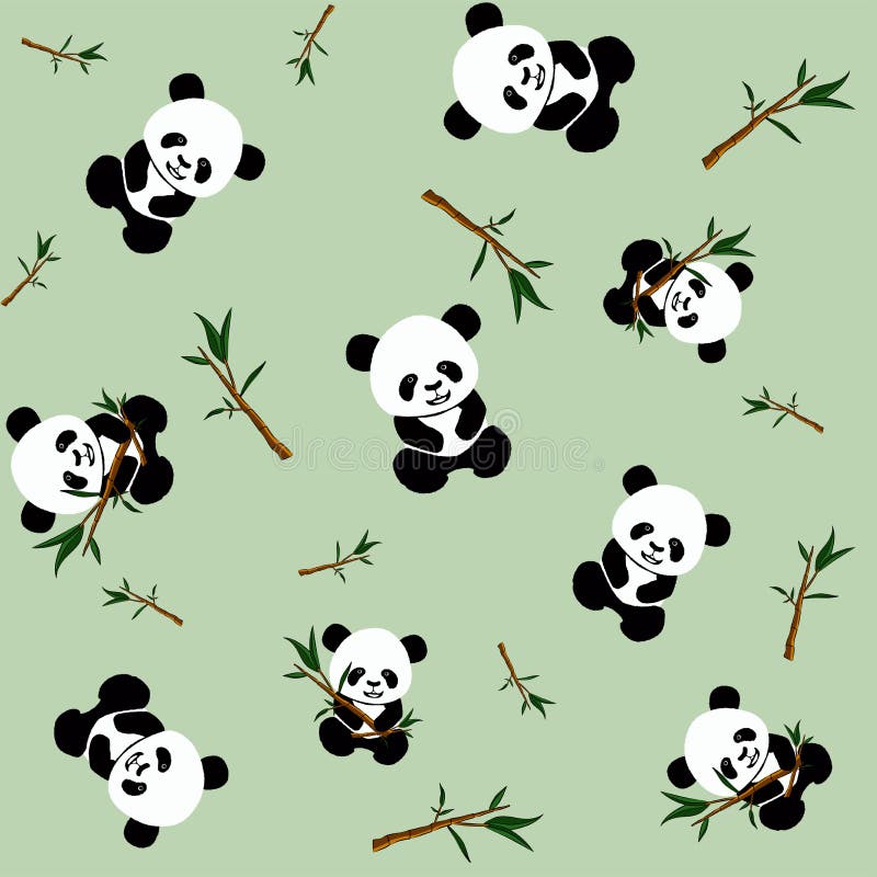 Seamless Pattern with Panda Bear Cub and Bamboo Branches with Green ...