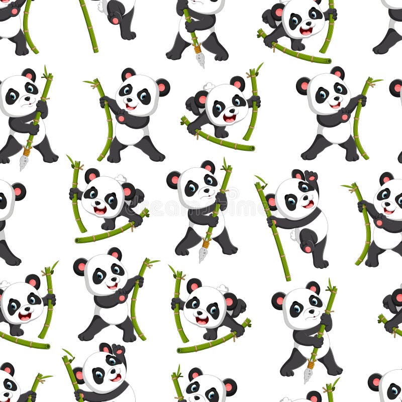 Seamless Pattern with Panda Playing with the Green Bamboo Stock Vector ...