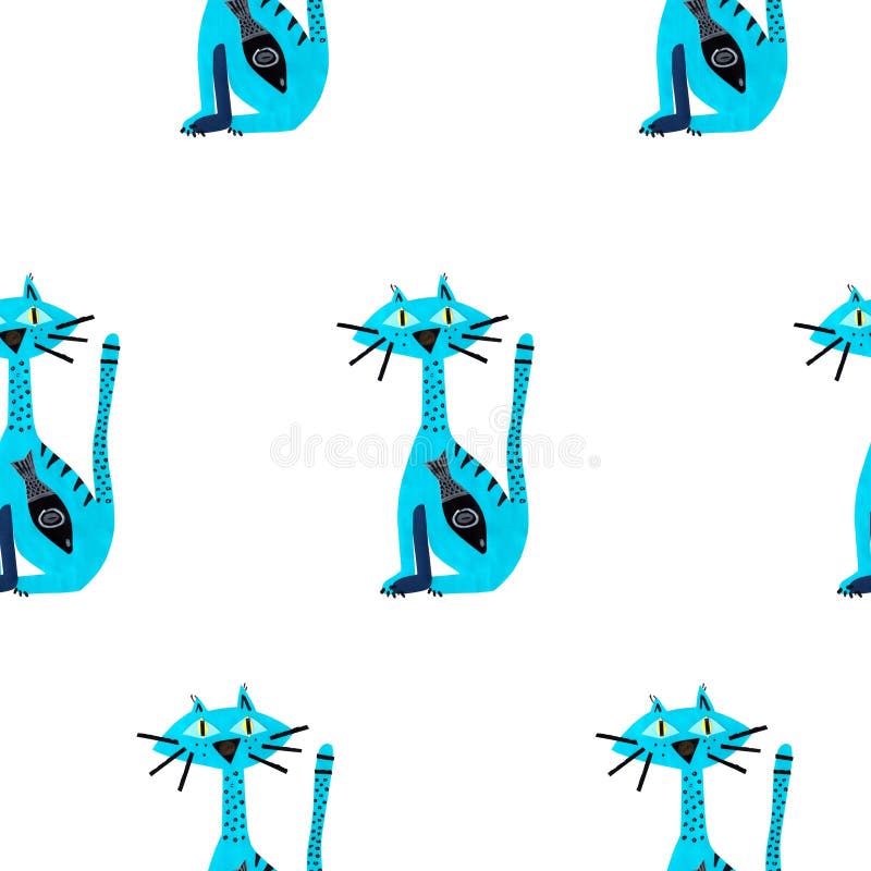 Seamless Pattern, Paper Collage of Blue Cat with Fish Inside on White ...