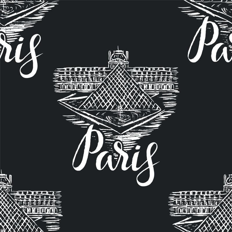 Seamless Pattern, Paris Label with Hand Drawn the Louvre, Lettering ...