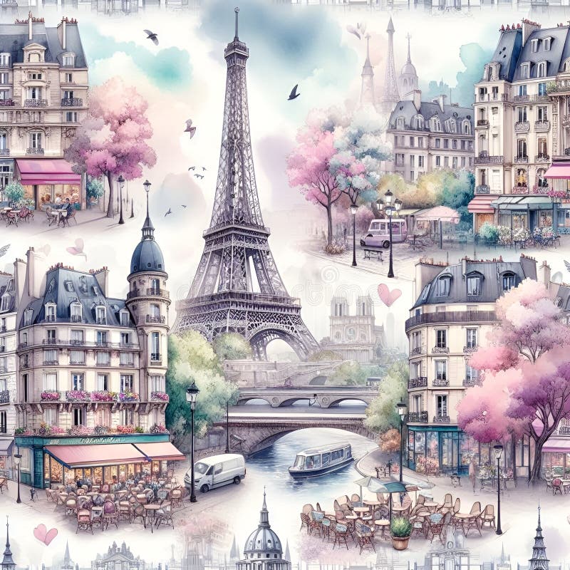 Seamless Pattern Paris Watercolor Stock Illustration - Illustration of ...