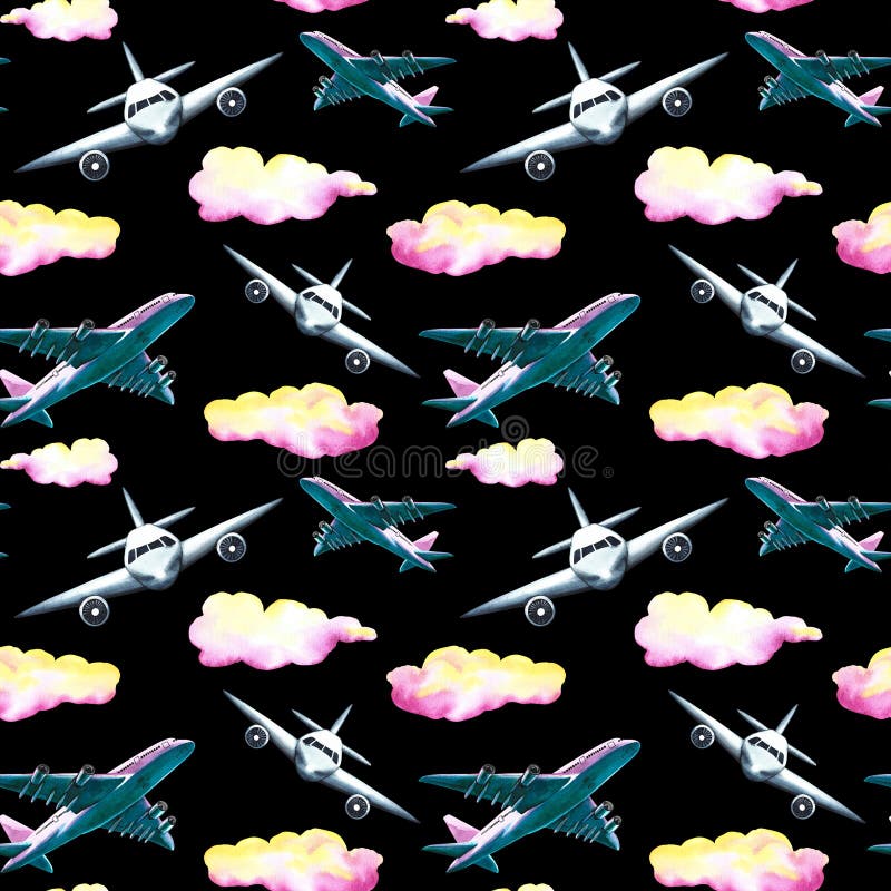 Seamless Pattern with Passenger Planes and Clouds on a Black Background ...