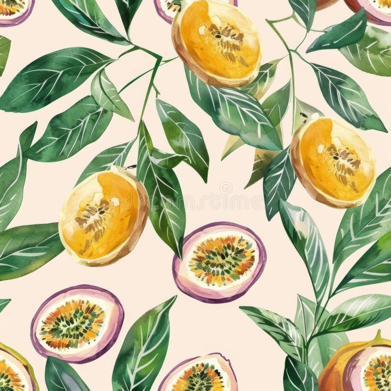 A Seamless Pattern of Passion Fruit, Hand Drawn in Watercolor Stock Photo - Image of white ...