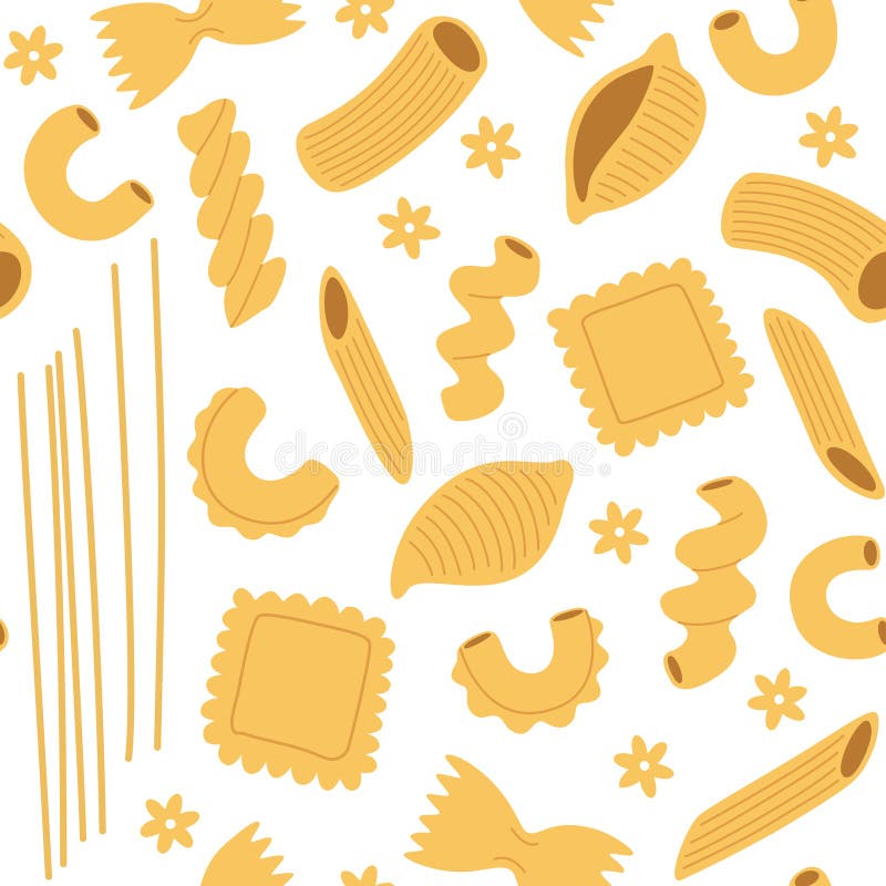 Seamless Pattern with Pasta and Macaroni, Various Shapes and Types ...