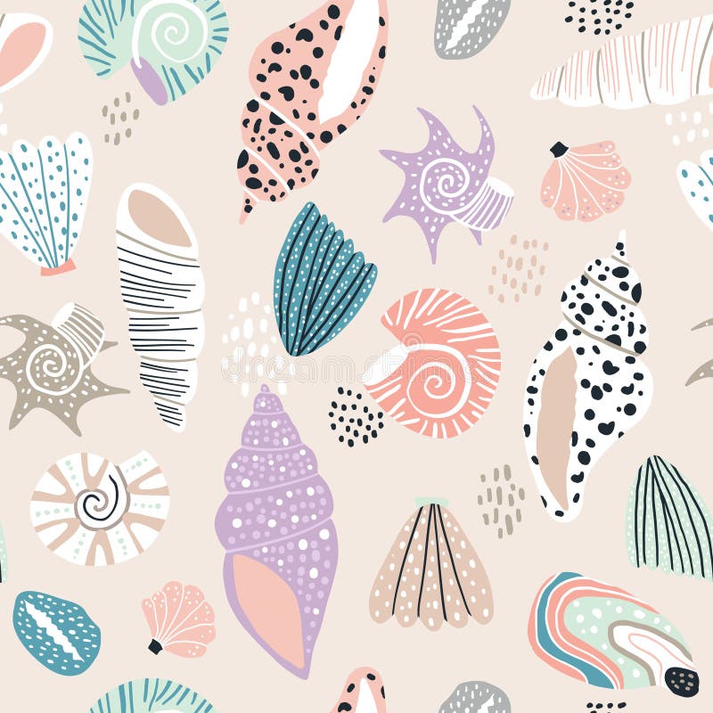 Seamless Pattern with Pastel Hand Drawn Seashells. Creative Marine ...