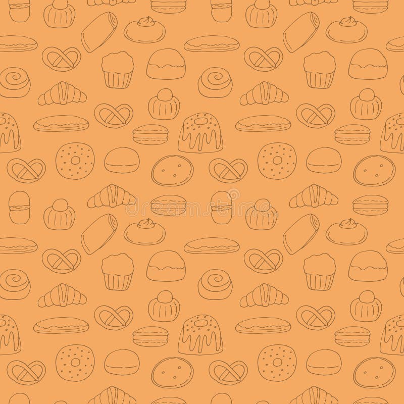 Seamless Pattern of Pastries, Buns and Desserts, Vector Doodle ...