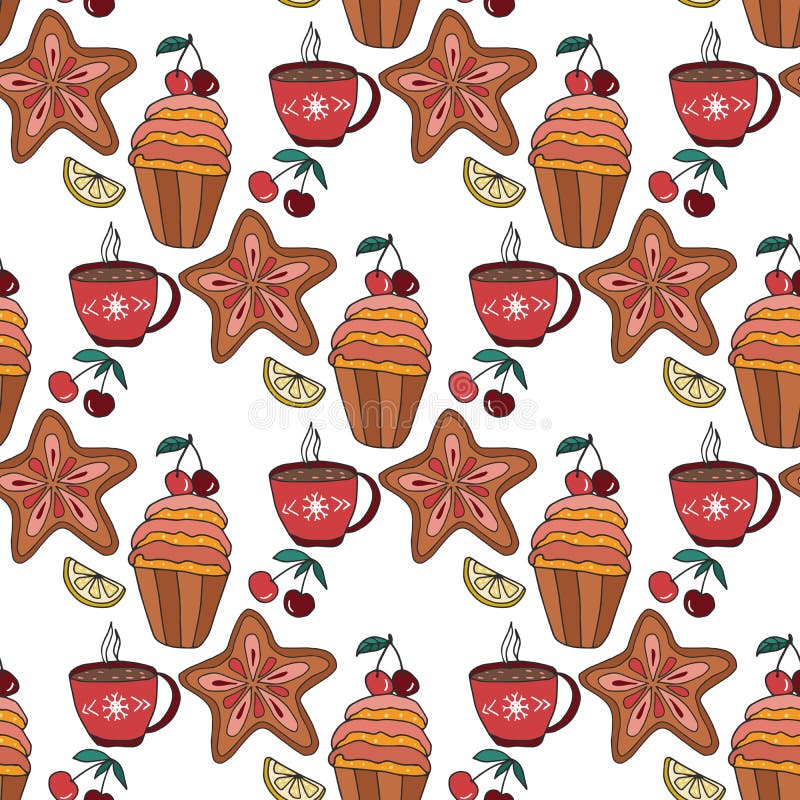 Seamless Pattern with Pastry, Cherries, Lemon and Cup of Coffee or Tea ...