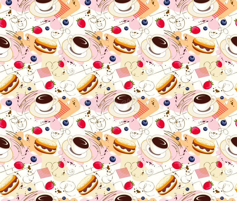 Seamless Pattern of Pastry and Drink Items. Coffee Cup, Donut, Eclair ...
