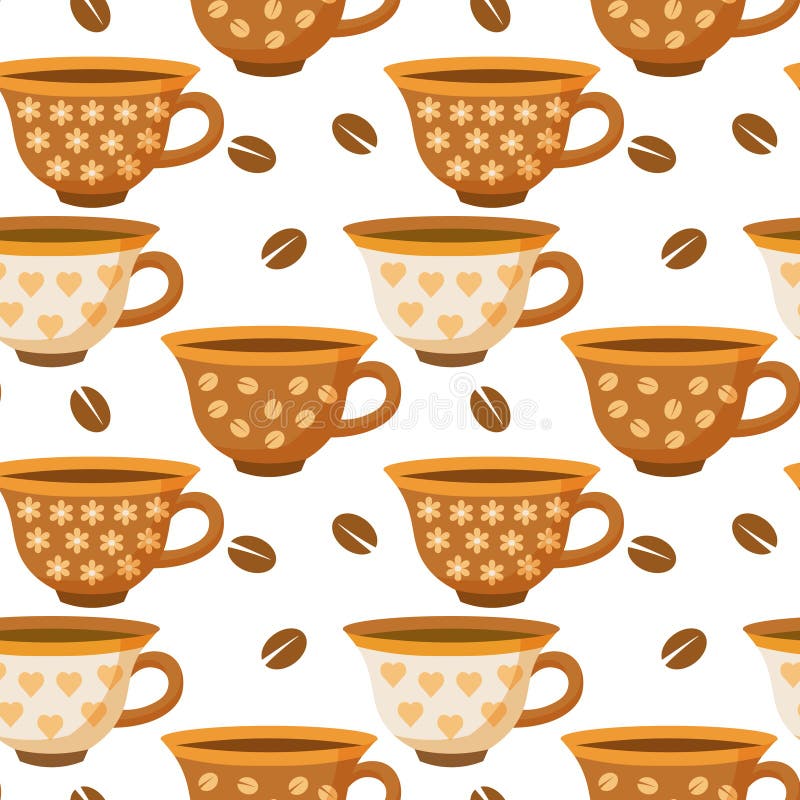 Seamless Pattern, Patterned Coffee Cups and Coffee Beans in Brown and ...