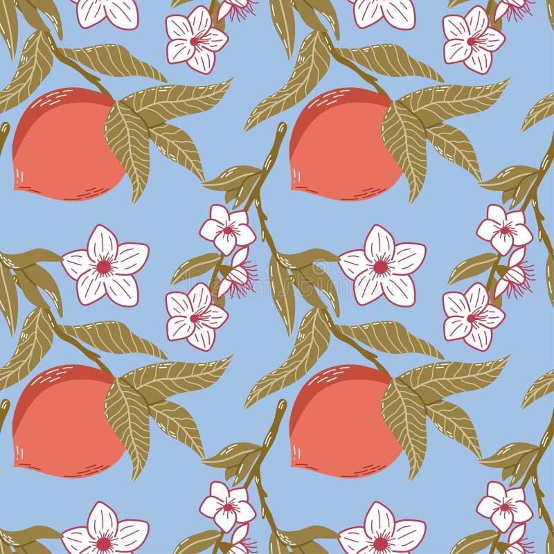 Seamless Pattern of Peaches and Blossoms with Vibrant Leaves on Blue ...