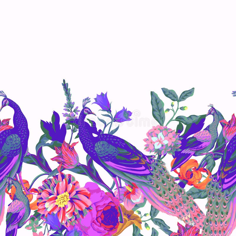 Seamless Pattern with Peacock and Painting Rococo Still-lifes Flowers ...