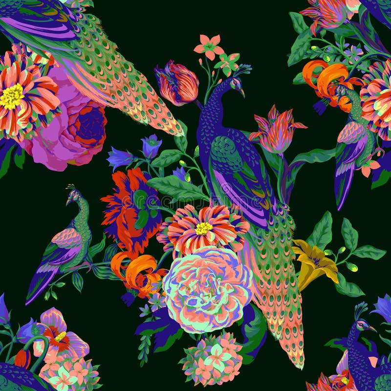 Seamless Pattern with Peacock and Painting Rococo Still-lifes Flowers ...