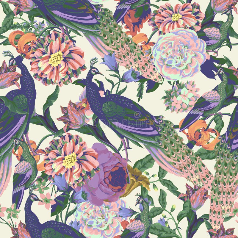 Seamless Pattern with Peacock and Painting Rococo Still-lifes Flowers ...