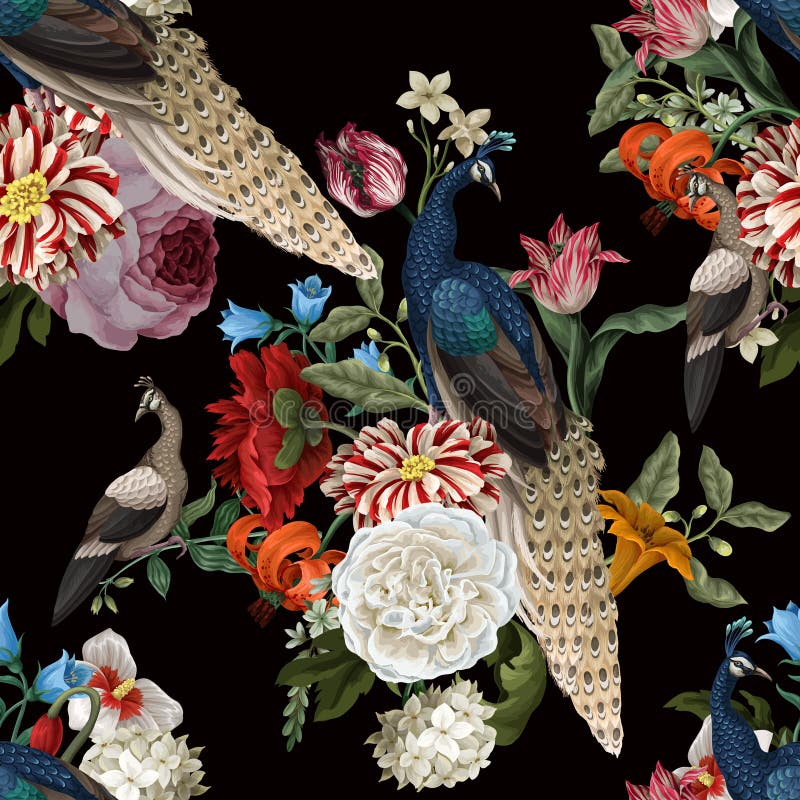 Seamless Pattern with Peacock and Painting Rococo Still-lifes Flowers ...