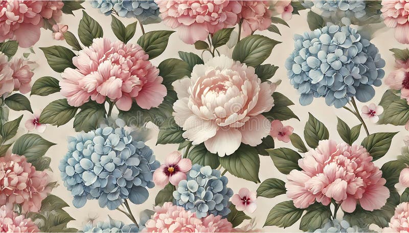 Seamless Pattern of Peonies and Hydrangeas in Soft Pastel Shades ...
