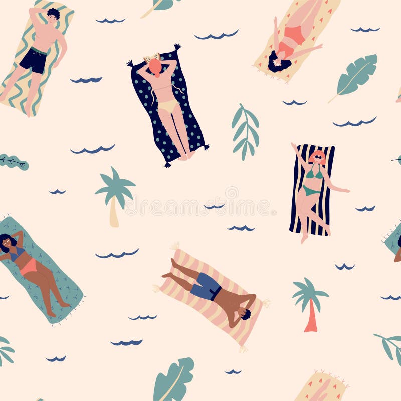 Seamless Pattern with People Lying on Beach and Sunbathing, Reading ...