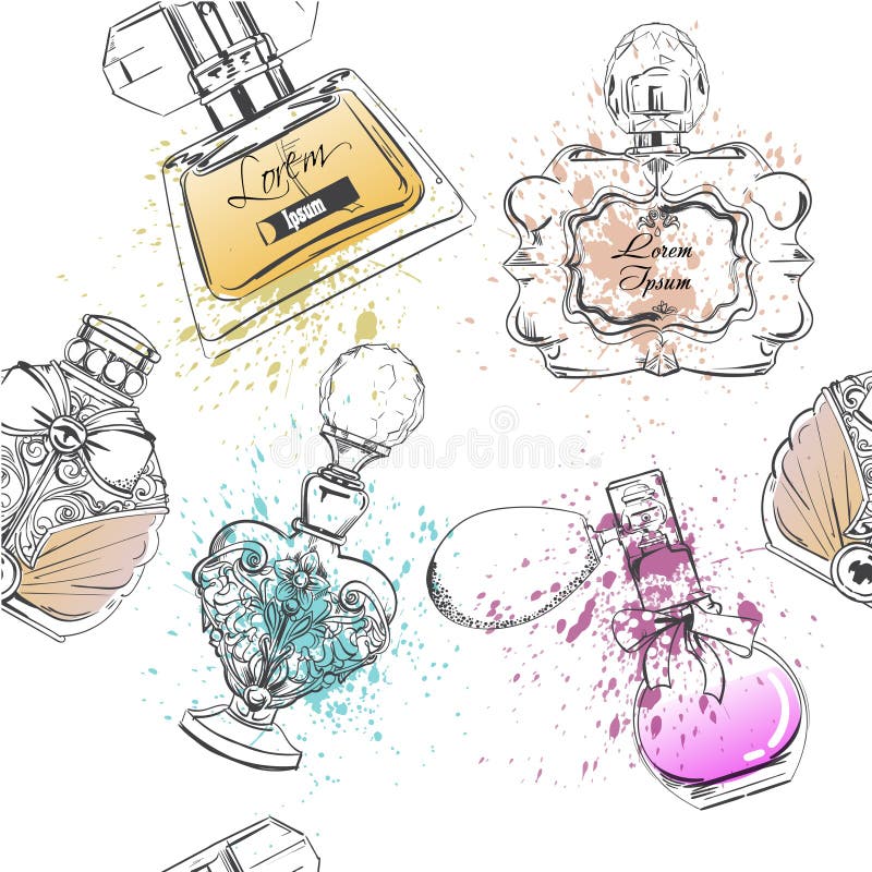 Pattern of perfumes stock vector. Illustration of bottles - 64026509