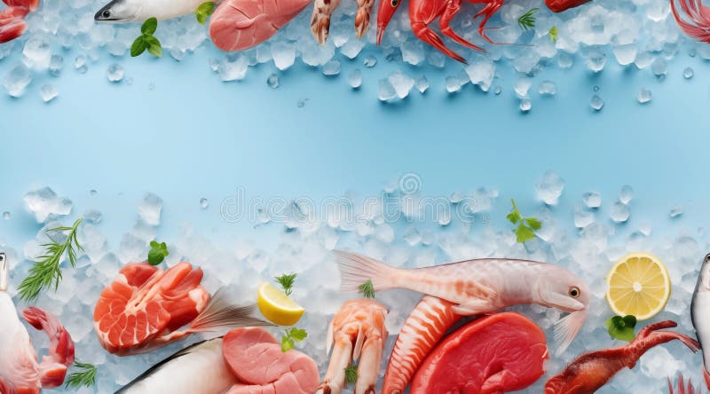 Seamless Pattern. a Photograph of Raw Meat, Fish and Seafood on Ice ...