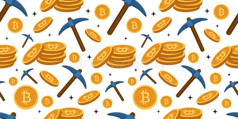 Seamless Pattern with Pickaxes and Bitcoin Coins Representing Cryptocurrency Mining Stock ...