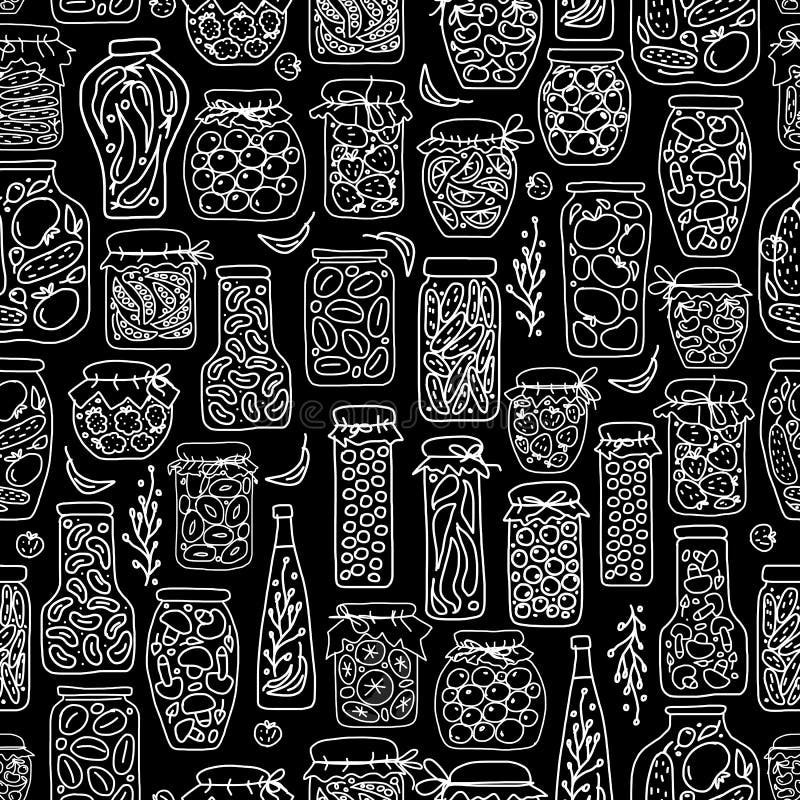 Seamless Pattern with Pickle Jars Fruits and Vegetables Stock Vector ...
