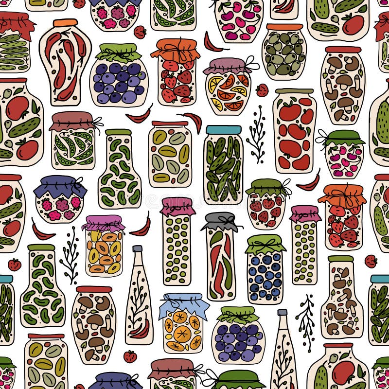 Seamless Pattern with Pickle Jars Fruits and Vegetables Stock Vector ...