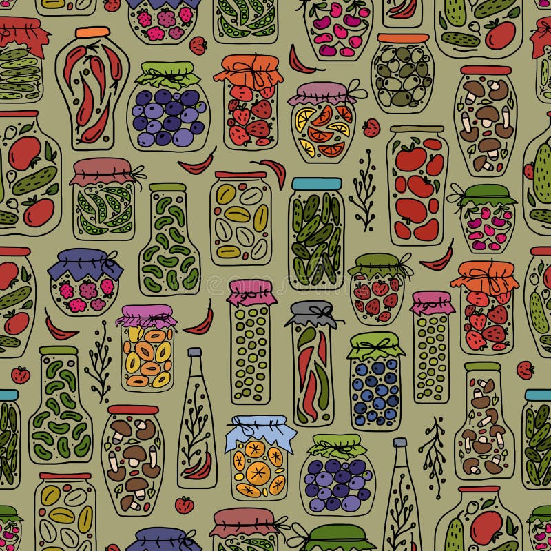 Seamless Pattern with Pickle Jars Fruits and Vegetables Stock Vector ...