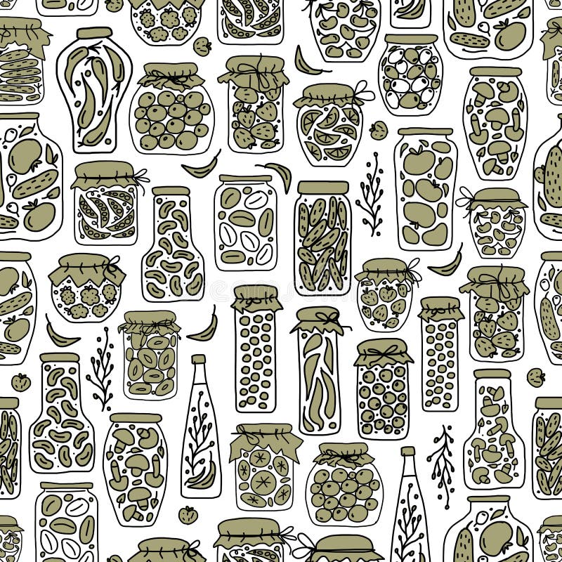 Seamless Pattern with Pickle Jars Fruits and Vegetables Stock Vector ...