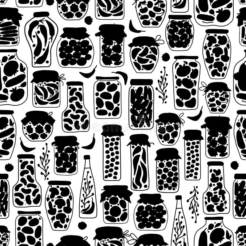 Seamless Pattern with Pickle Jars Fruits and Vegetables Stock Vector ...