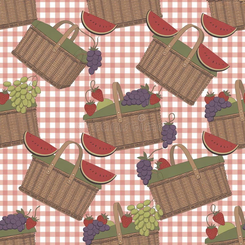 Seamless Pattern of Picnic Baskets Fruit Summer Fun on Gingham ...