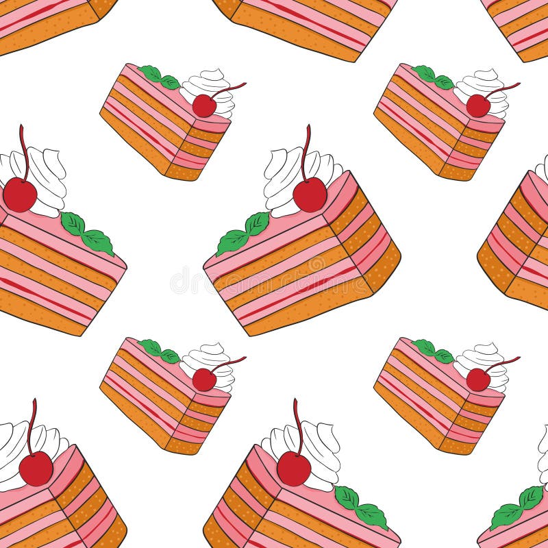 Seamless Pattern of Piece of Cake with Cherry and Whipped Cream on ...