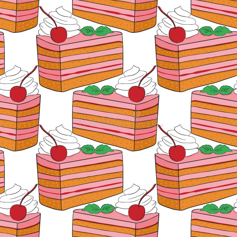 Seamless Pattern of Piece of Cake with Cherry and Whipped Cream on ...