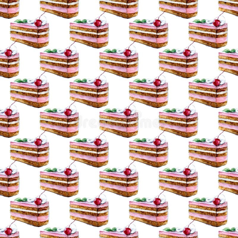 Seamless Pattern of Piece of Cakes with Cream and Cherry. Watercolor ...
