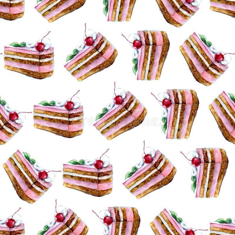 Seamless Pattern of Piece of Cakes with Cream and Cherry. Watercolor ...