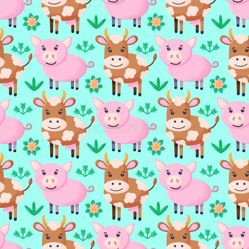 Seamless Pattern of Pig and Cow. Repeatable Textile Vector Print ...