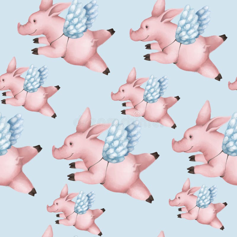 Seamless Pattern with Pigs with Wings. Piggy Angel Flying in the Sky on ...