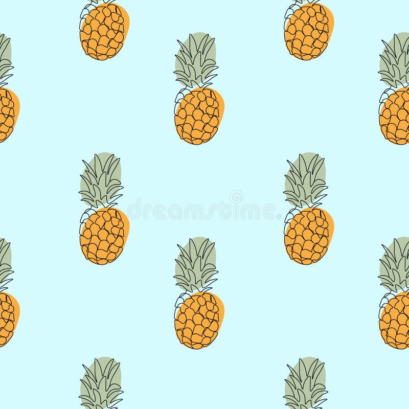 Seamless Pattern With Pineapple On Blue Background Continuous One Line