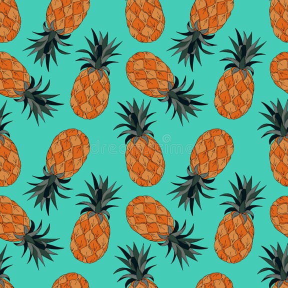 Seamless Pattern with Pineapples, Hand-drawing Doodling, Blue Background. for Textile Backdrop ...