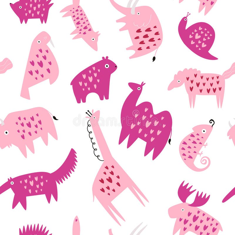 Seamless Pattern with Pink Animals in Modern Style for Prints. Stock ...