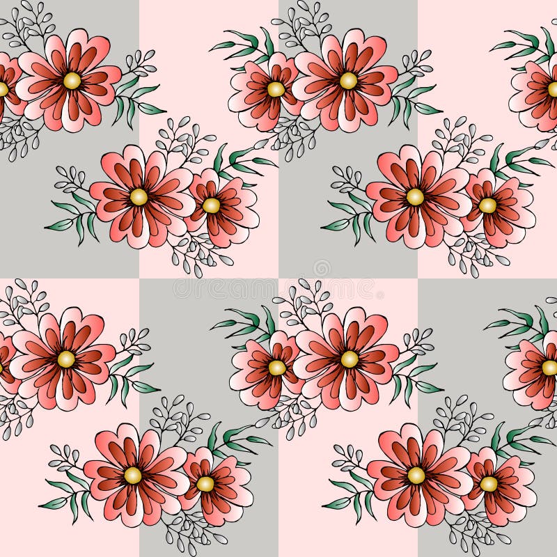 Seamless Pattern, Pink Bouquets of Flowers on a Checkered Background ...