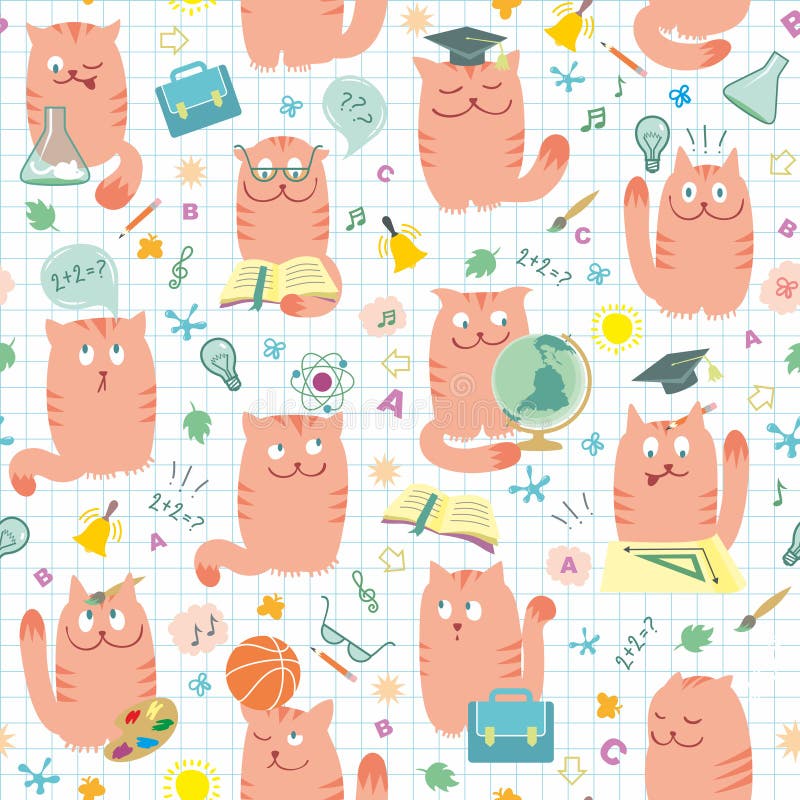 Seamless Pattern - Pink Cats Studing School Stock Vector - Illustration ...