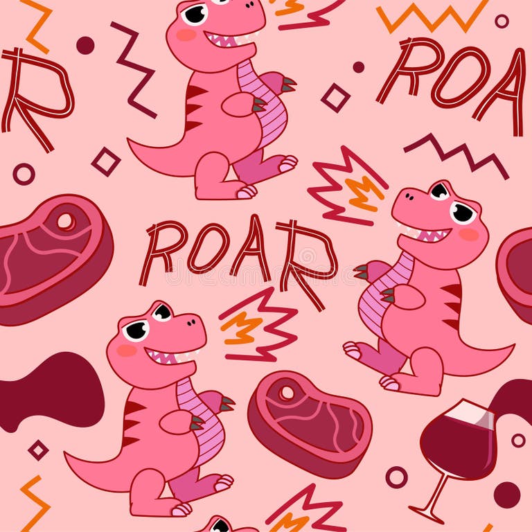 Seamless Pattern Pink Dinosaur Roar with Food Stock Vector ...