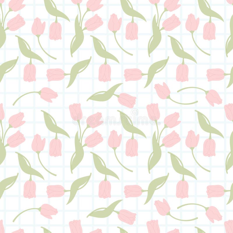 Seamless Pattern with Pink Flower Tulips on Checkered White Background ...