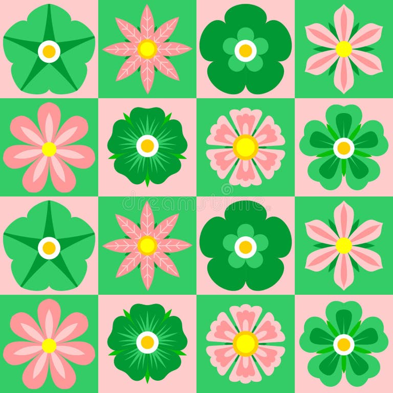 Seamless Pattern with Pink and Green Flowers in Squares. Vector Design ...