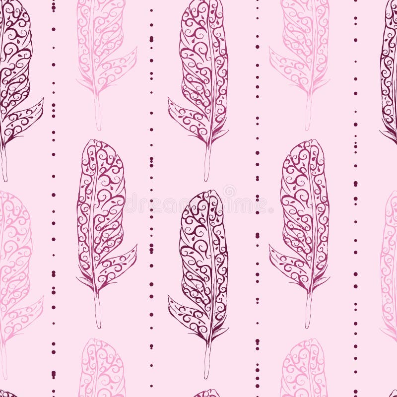 Seamless Pattern Pink Hand-drawn Feathers on a Bright Background ...