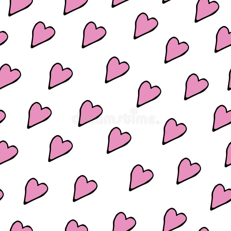 Seamless Pattern of Pink Hearts in Doodle Style on White Background ...