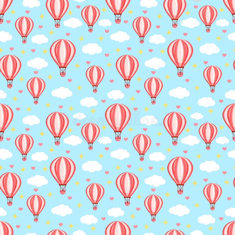 Seamless Pattern with Pink Hot Air Balloon Flying in the Sky between ...